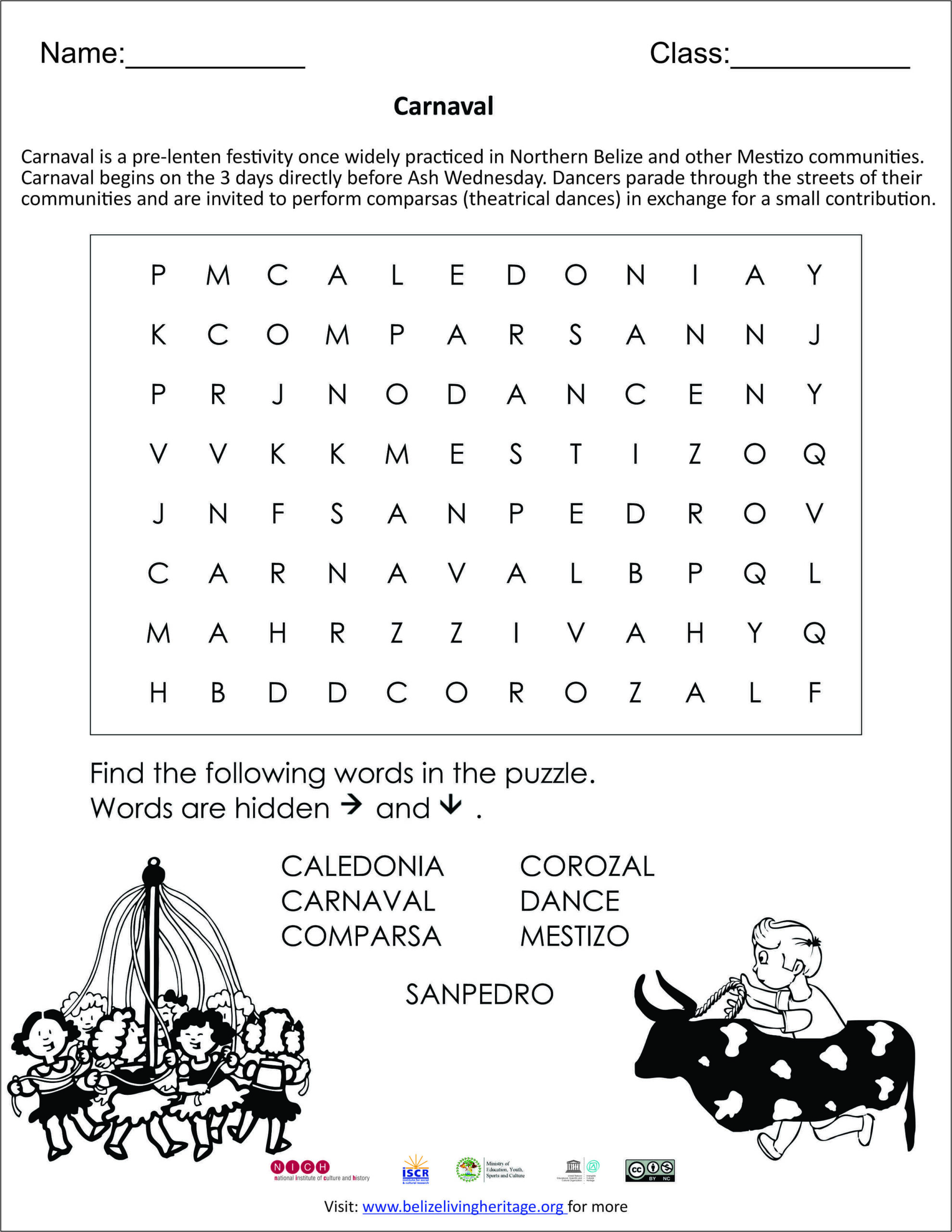 Word Search Activity: Carnaval - Belize Living Heritage